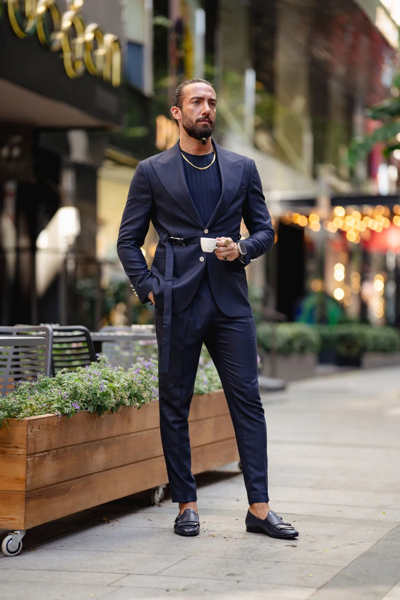 Bojoni Benevento Navy Blue Buckle Slim Fit Suit | BOJONI