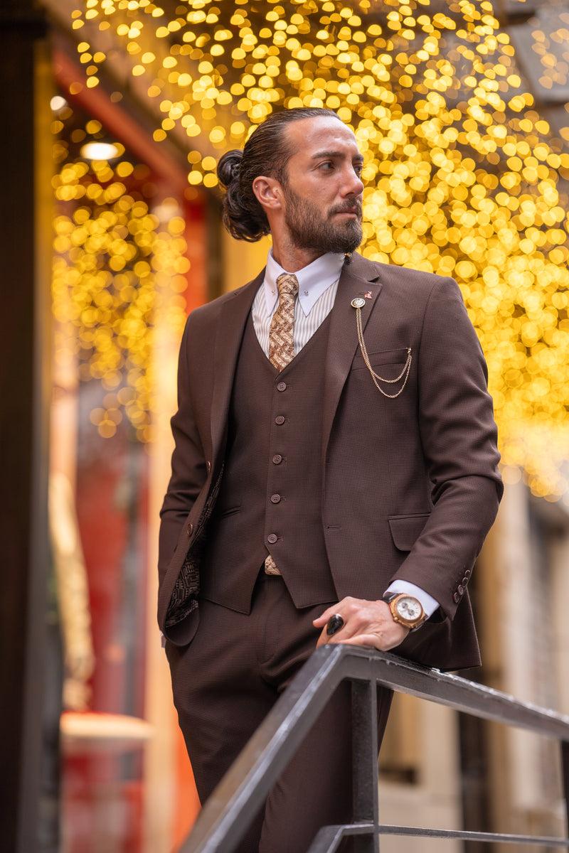 Bojoni Bath Brown Slim Fit Notch Lapel 3 Piece Suit | BOJONI