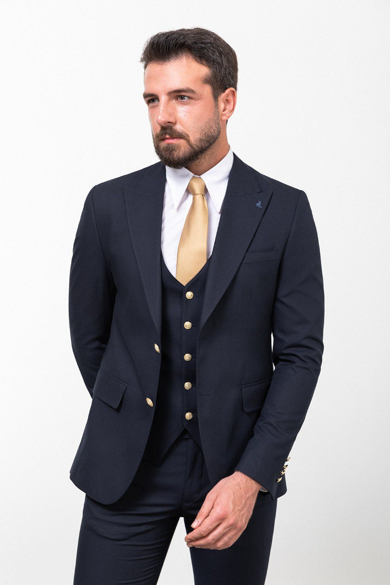 Bojoni Trivento Navy Blue Buttons Classic Slim Fit Suit | BOJONI