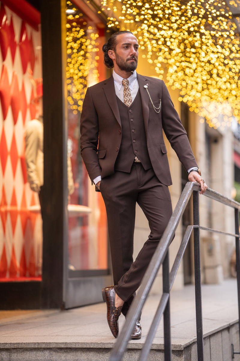 Bojoni Bath Brown Slim Fit Notch Lapel 3 Piece Suit | BOJONI