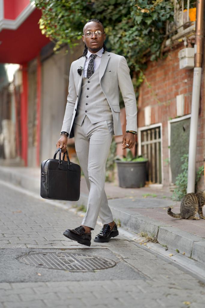 Rick Slim Fit Mono Collared Grey Suit | BOJONI