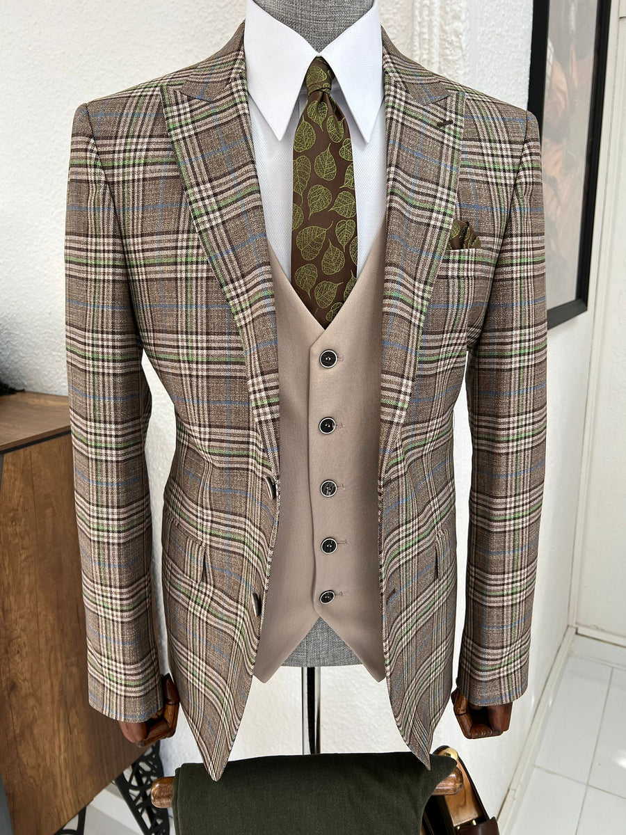 Louis Slim Fit Pointed Collared Beige & Khaki Combination Suit | BOJONI