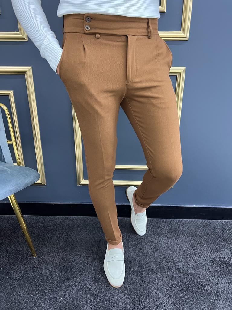 Thread Slim Fit Double Pleated Camel Trousers | BOJONI