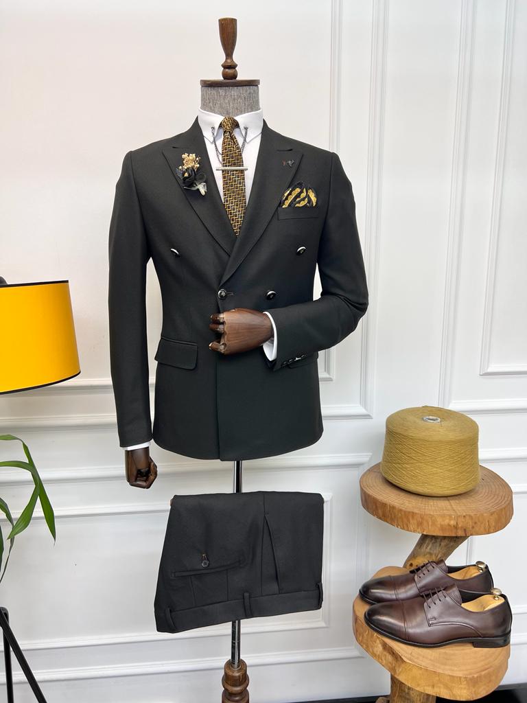 Rick Slim Fit Special Design Double Breasted Black Detailed Suit | BOJONI
