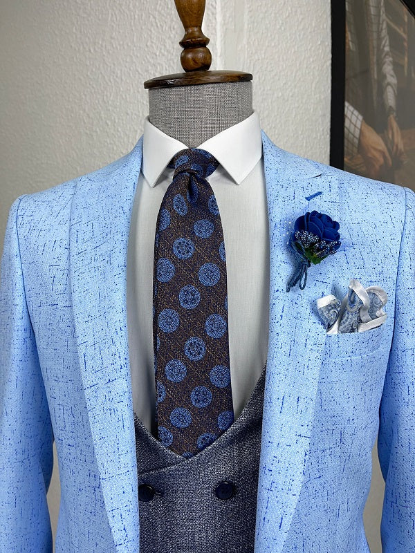 Bojoni Daroni Blue Slim Fit Patterned Linen Suit | BOJONI