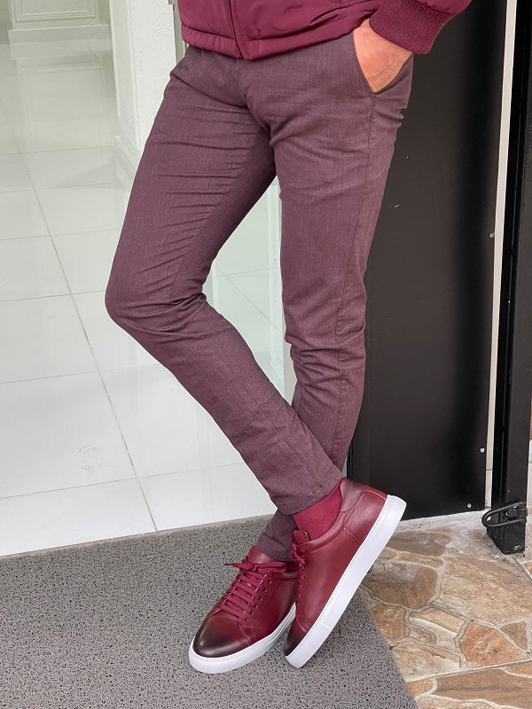 Bastoni Burgundy Slim Fit Cotton Lycra Pants | BOJONI