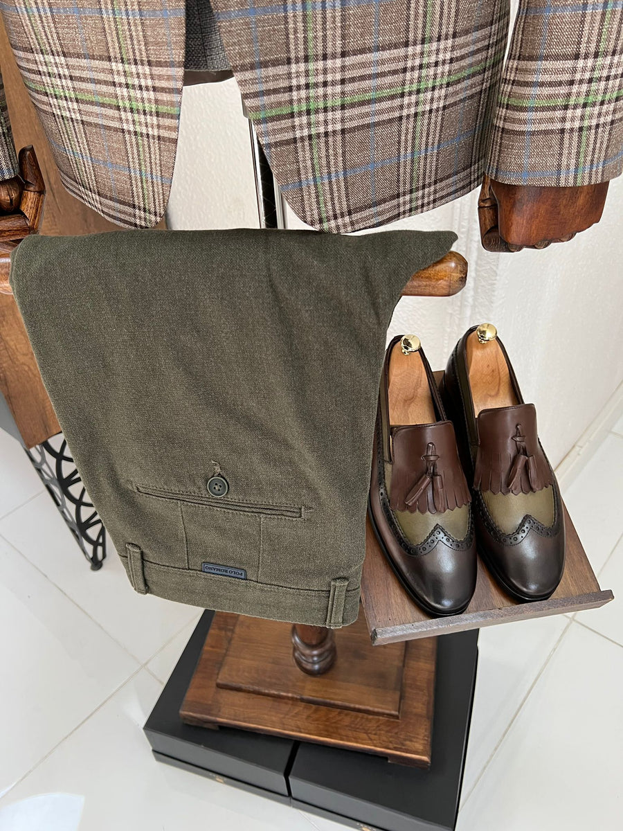 Louis Slim Fit Pointed Collared Beige & Khaki Combination Suit | BOJONI