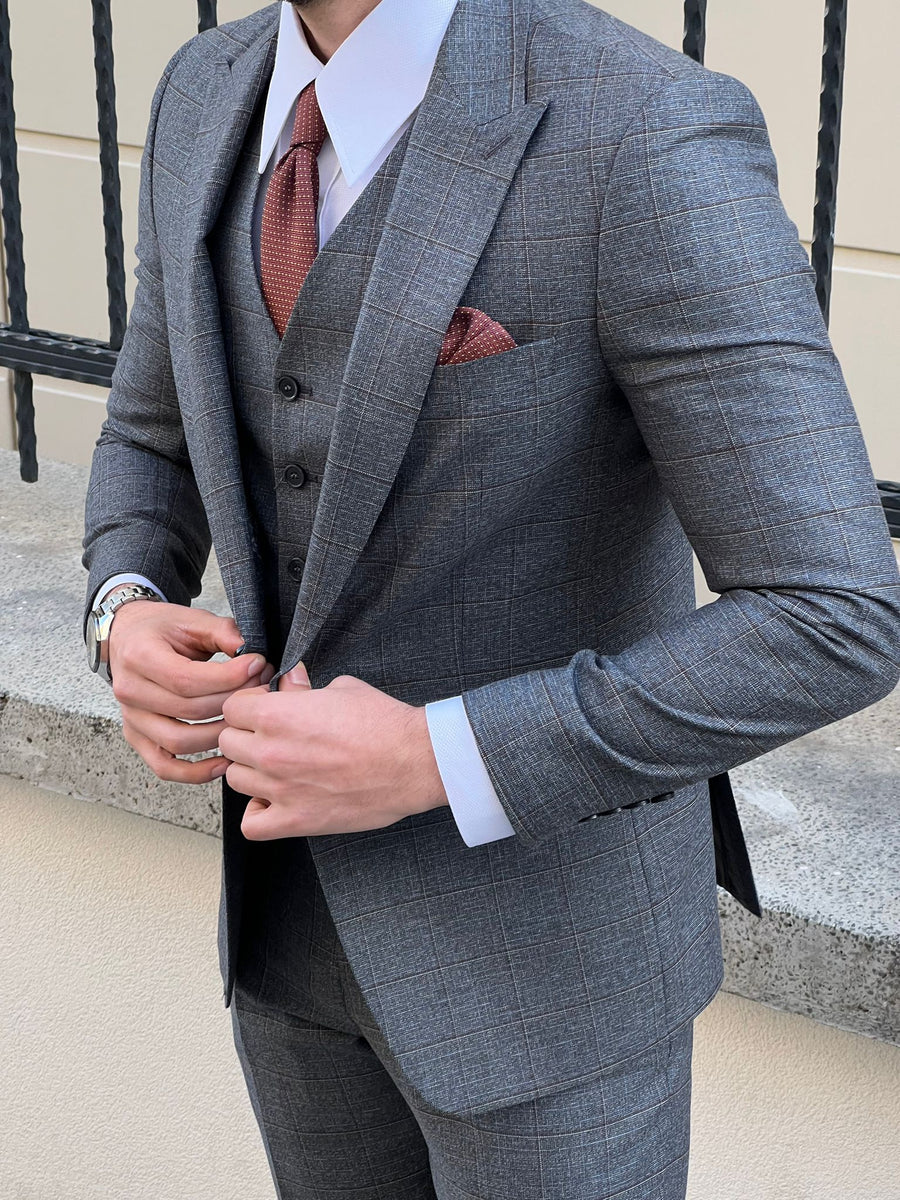 Bojoni Montebello Slim Fit High Quality Woolen Plaid Smoked Suit | BOJONI