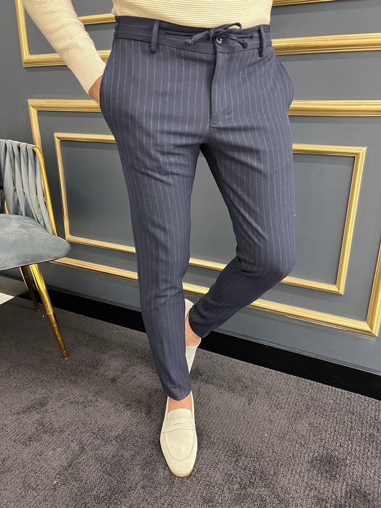 Thread Slim Fit Rope Detailed Dark Blue Stripe Trousers | BOJONI