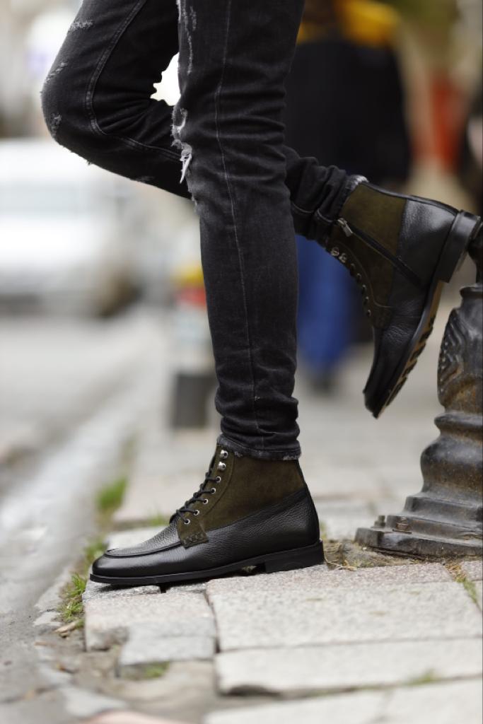 Leon Suede & Leather Detailed Black Khaki Boots | BOJONI