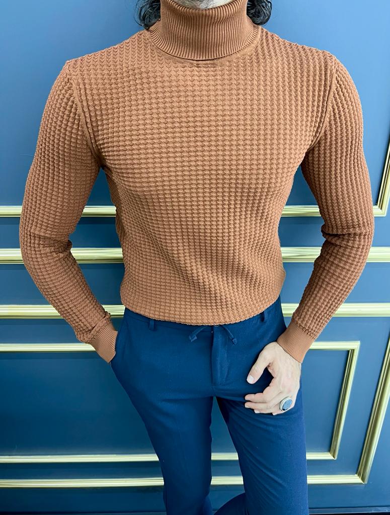 Thread Slim Fit Custom Design Half Collared Textured Camel Turtleneck ...