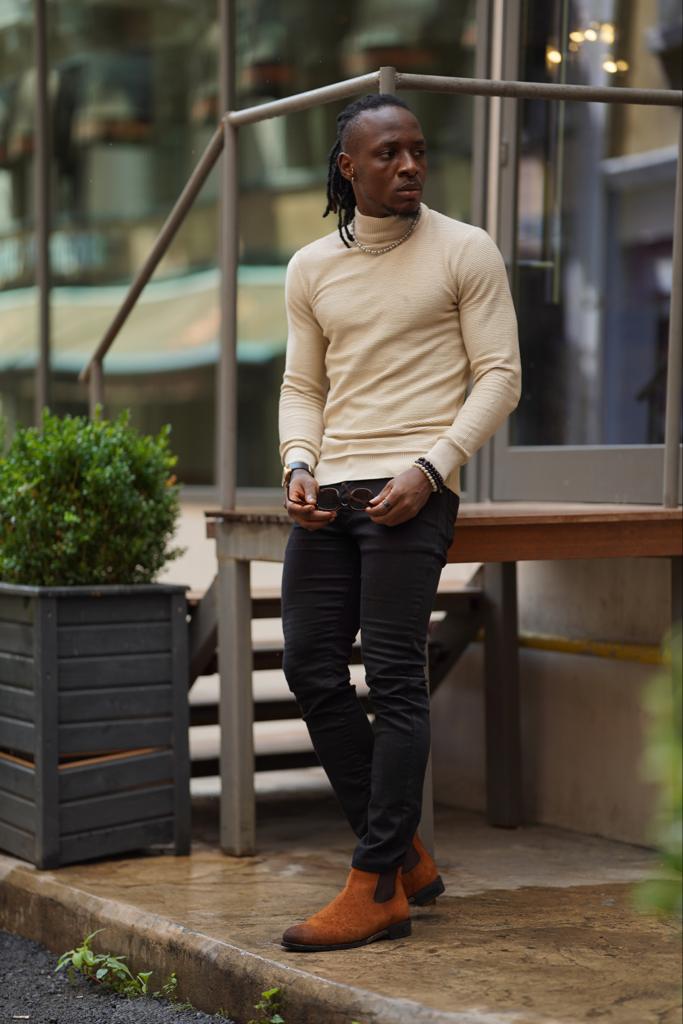 Thread Slim Fit Custom Design Half Collared Beige Turtleneck | BOJONI