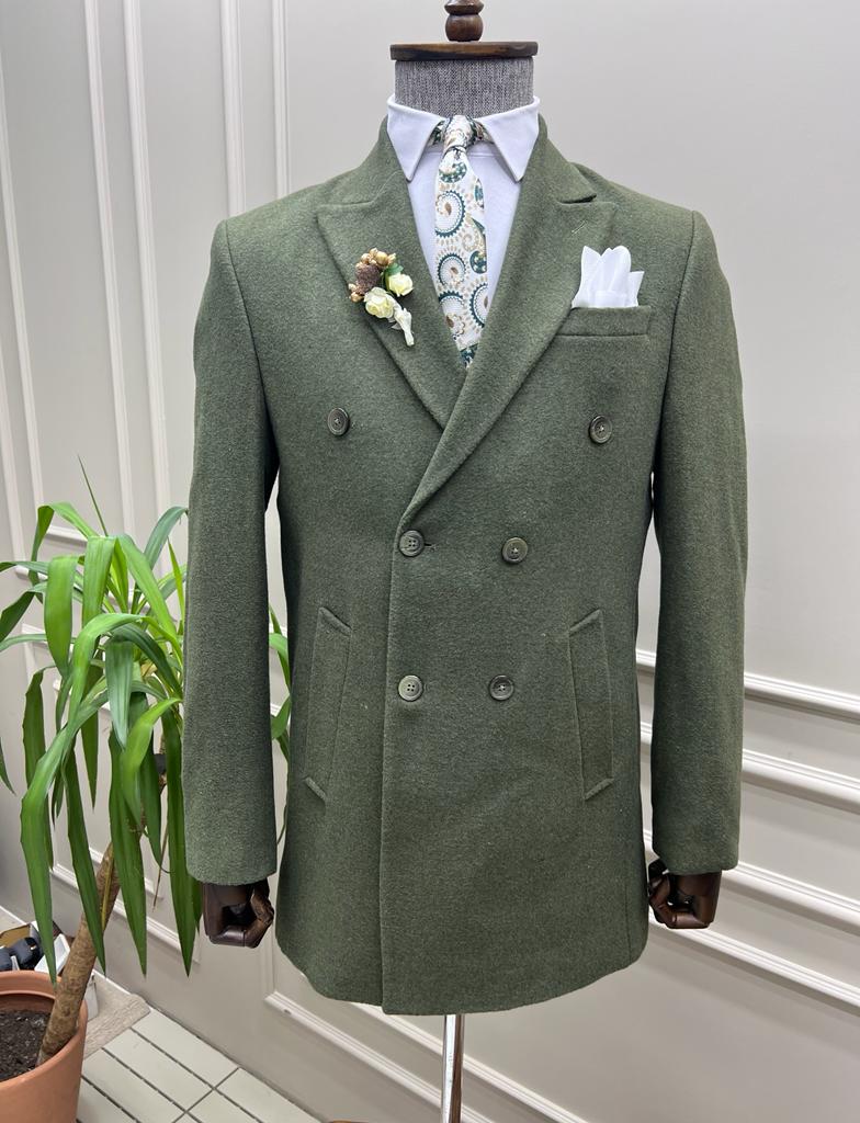 Rick Slim Fit Double Breasted Khaki Coat | BOJONI