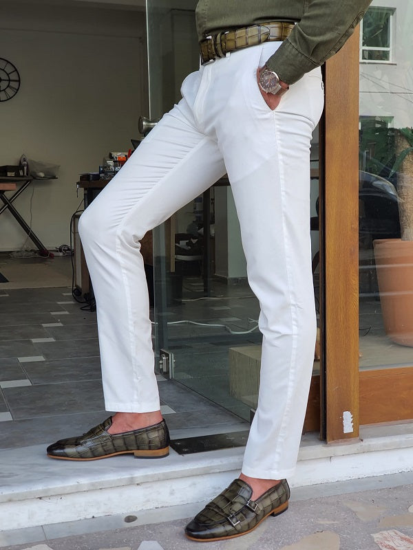 Bastoni White Slim Fit Cotton Pants | BOJONI