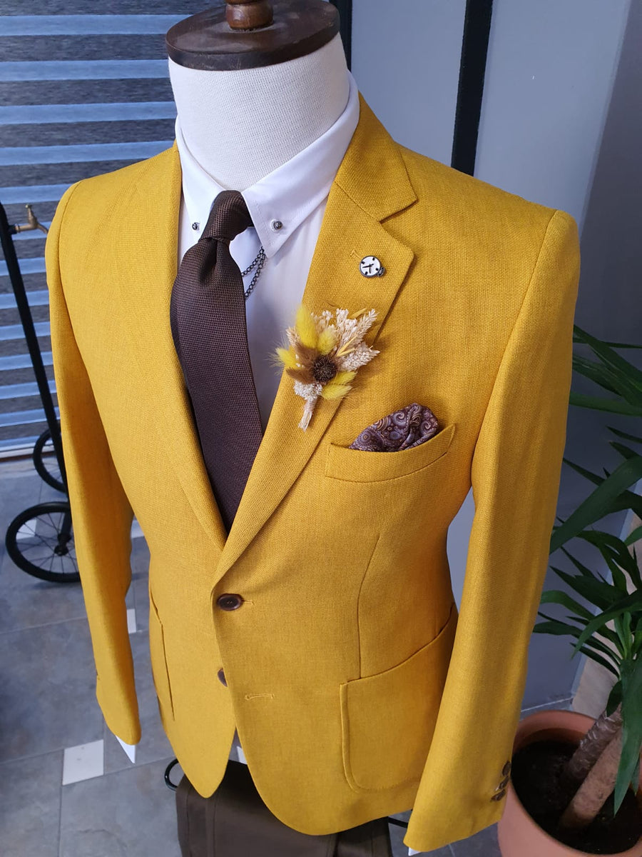 Argeli Yellow Slim Fit Cotton Suit | BOJONI