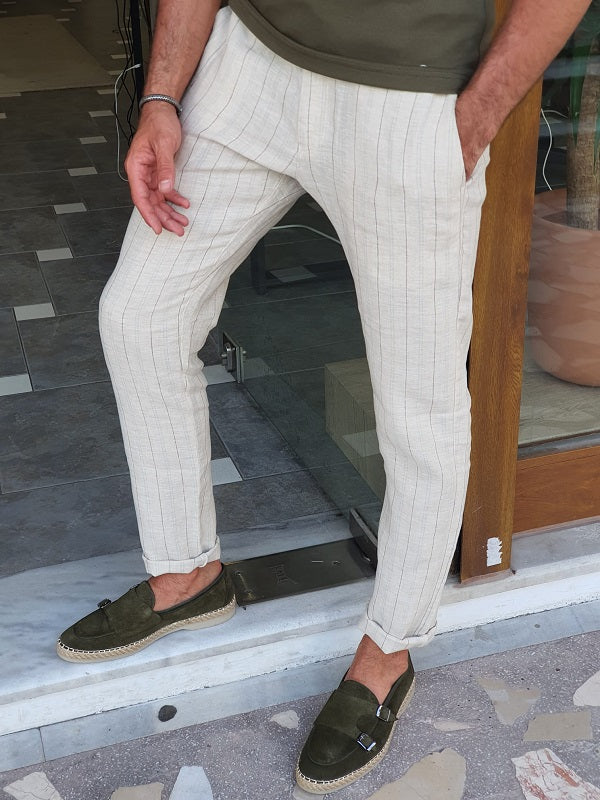 Bastoni Beige Slim Fit Pinstripe Linen Pants | BOJONI