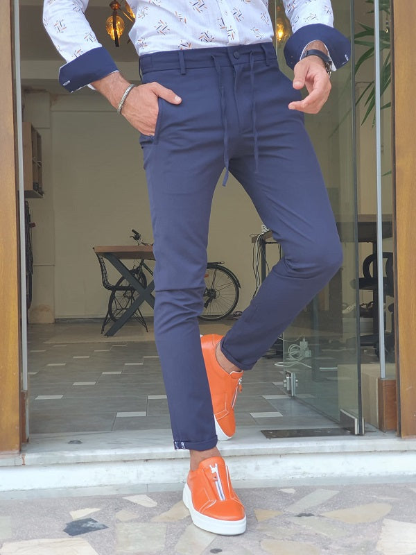 Bastoni Navy Blue Slim Fit Cotton Pants | BOJONI