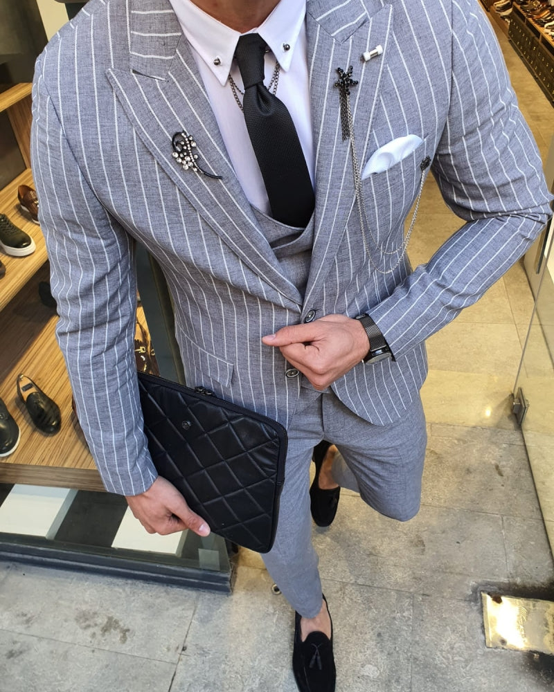 Bojo Pivas White Slim Fit Pinstripe Suit | BOJONI