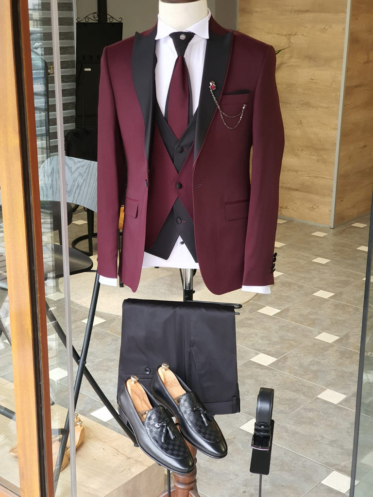 Lori Burgundy Slim Fit Peak Lapel Wedding Suit | BOJONI