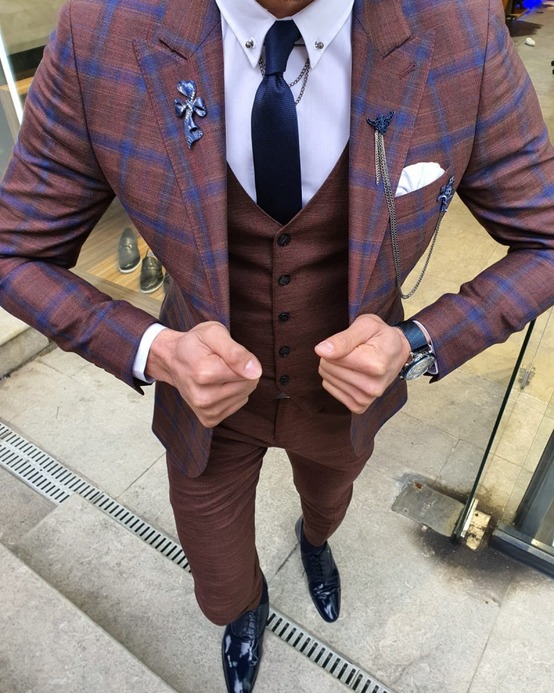 Lance Camel Slim Fit Plaid Patterned Suit | BOJONI