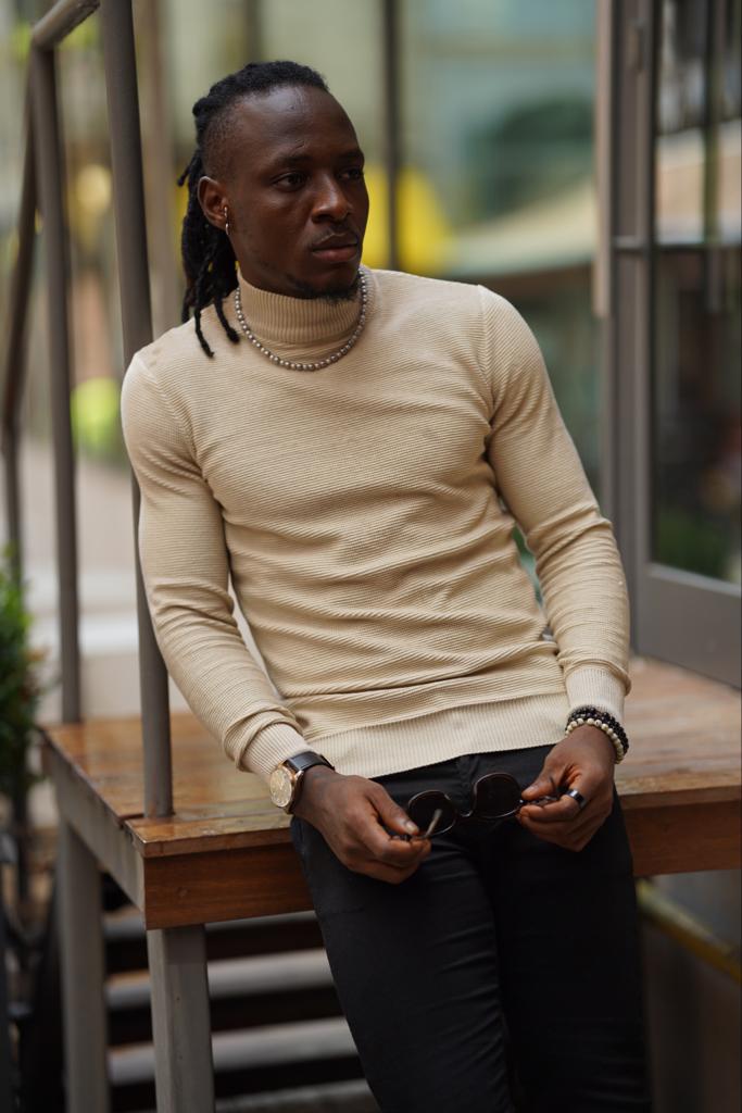 Thread Slim Fit Custom Design Half Collared Beige Turtleneck | BOJONI