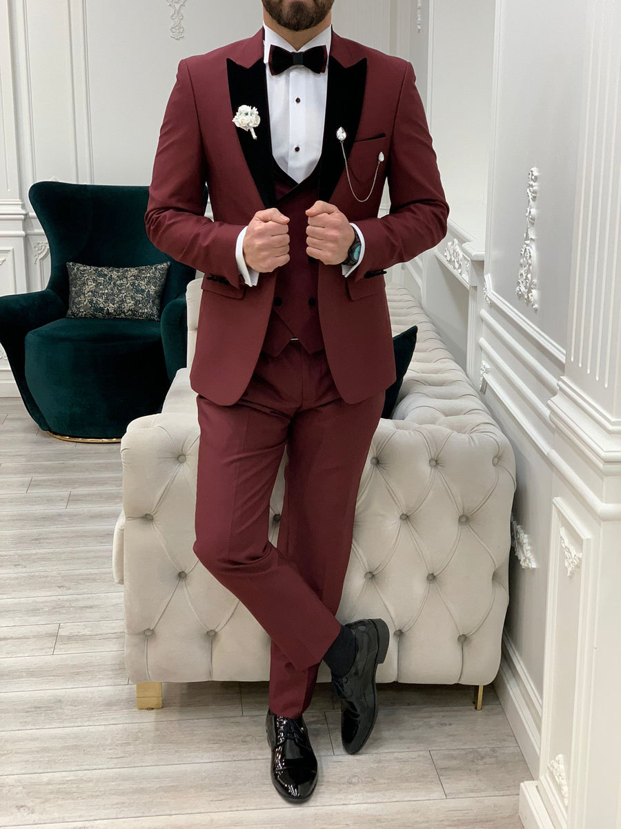 Bojoni Tishko Burgundy Velvet Slim Fit Tuxedo | BOJONI