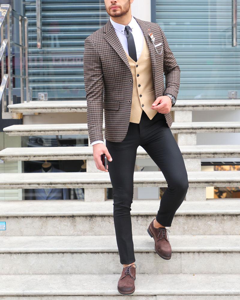 Forenzax Brown Slim Fit Plaid Wool Suit | BOJONI